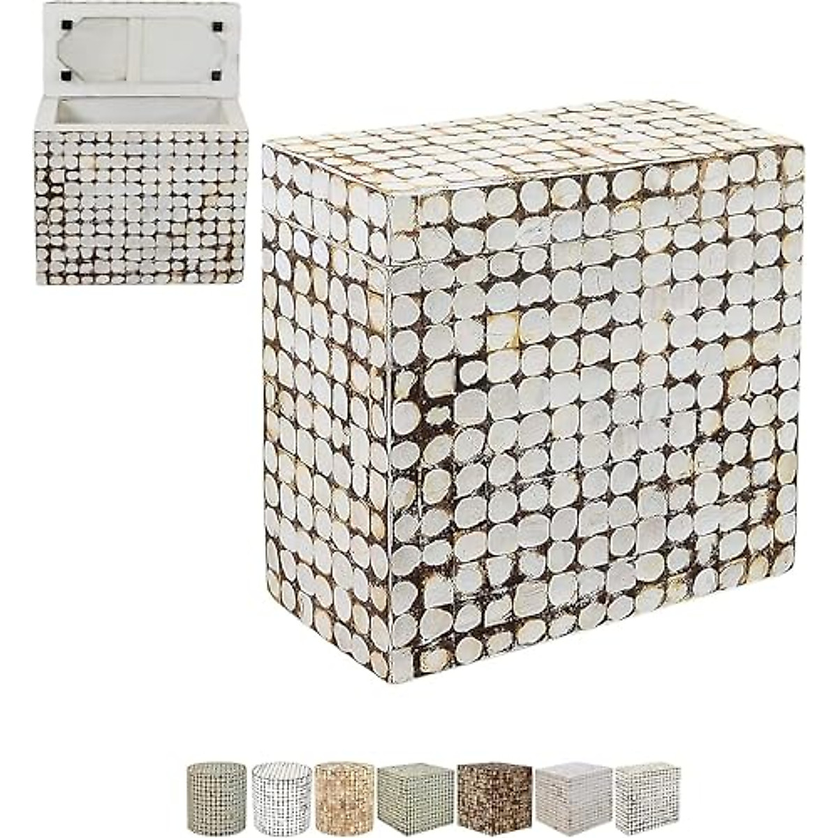 East at Main Rectangle Side Table - Real Coconut Shell Mosaic Inlaid, Pre-Assembled, Natural Wood and Patina Finish, Storage Side Table(White/Rectangle)