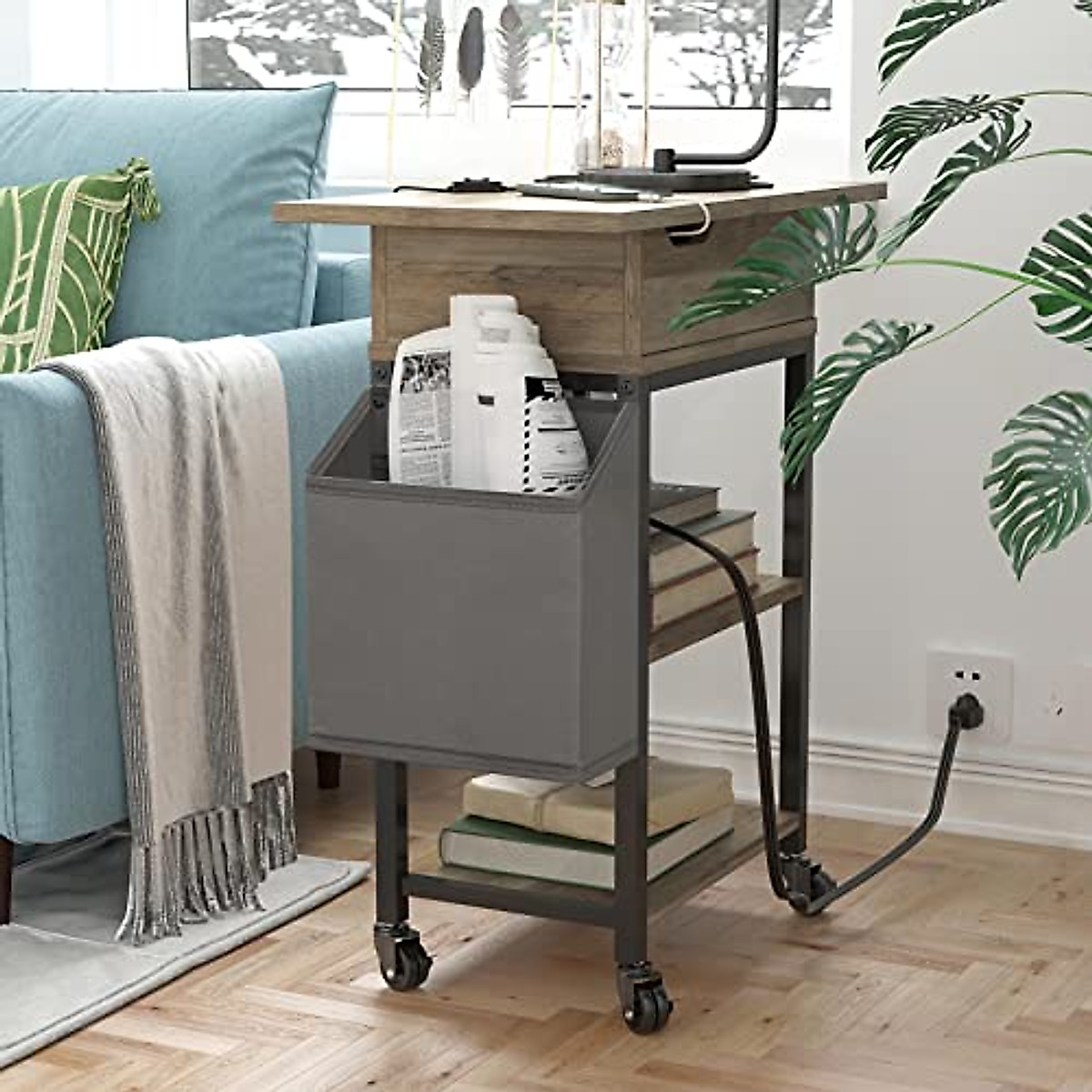 Fameill Narrow End Table with Charging Station Flip Top Bedside Tables for Small Spaces Living Room Bedroom Mobile Sofa Side Table with Storage Shelf for Living Room Bedroom,Greige