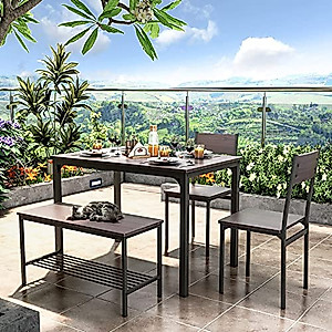 soges 4 Person Dining Table Set,43.3 inch Kitchen Table Set for 4,2 Chairs with Backrest,2-Person Bench with Storage Rack,Nesting Furniture Set for Dining Room and Restaurant, Rustic Oak GCCZ1008