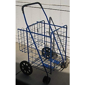 Swivel Wheels FOLDING SHOPPING/LAUNDRY CART with Double Basket Cart - Blue