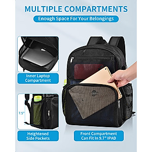 Lyingflat Mesh Backpack with Inner Compartment, Large Heavy Duty Mesh Bookbag with Padded Shoulder Straps for Travel Swimming Hiking Beach - Black
