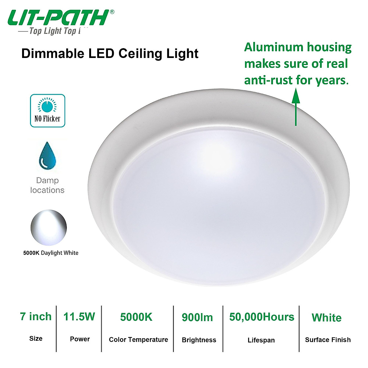 LIT-PaTH LED Flush Mount Ceiling Lighting Fixture, Dimmable 7 Inch 11.5W 900 Lumen, Aluminum Housing Plus PC Cover, Damp Location Rated for Bathroom, 5000K, 2-Pack