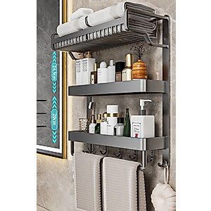 SEIFE Wall Mounted Towel Rack Shelf Stud Mount Double Towel Rack for Bathroom Stainless Steel Constructed Rust-Proof Shelf with Built-in Bars and Hooks Brushed Nickel Wall Mounted Bathroom Shelves (C