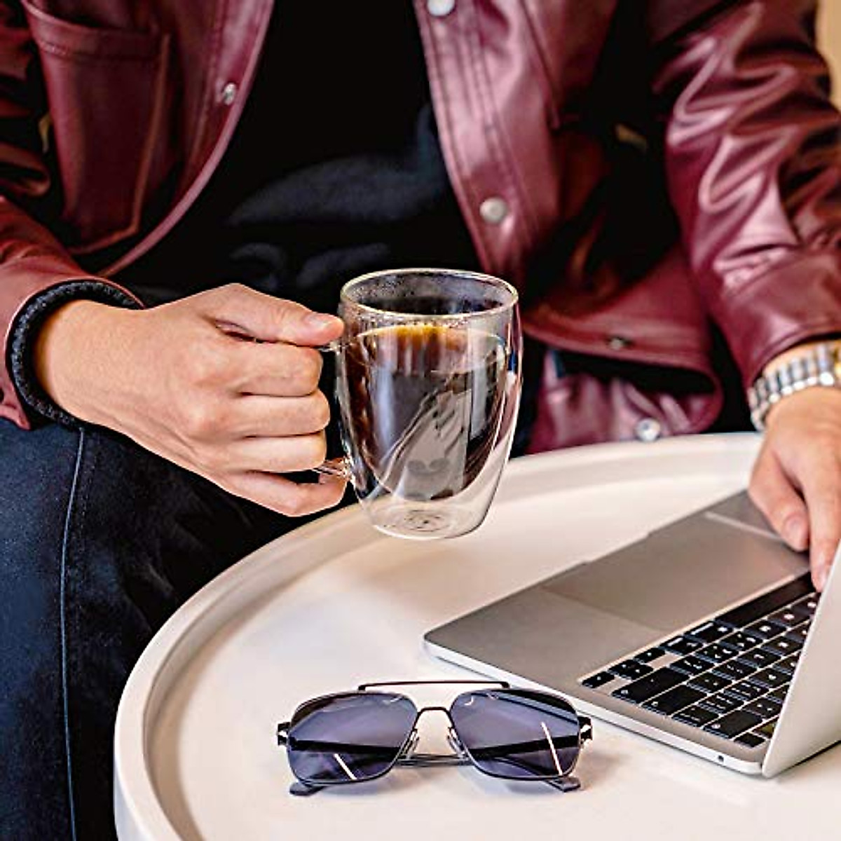 MEWAY 16oz Double Wall Glass Coffee Mugs with Handle,Insulated Coffee Glass,Clear Espresso Cups,Glass Cappuccino Cups,Tea Cups,Latte Cups,Beverage Glasses,Heat Resistant,2 Pack