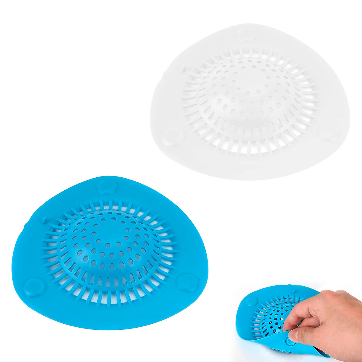 Linkidea 4 Pack Shower Rubber Hair Drain Catcher, Anti-Blocking Floor Drain Stopper with 3 Suction Cups, Tub Drain Hair Catcher for Bathroom, Bathtub, Kitchen (2 White + 2 Blue)