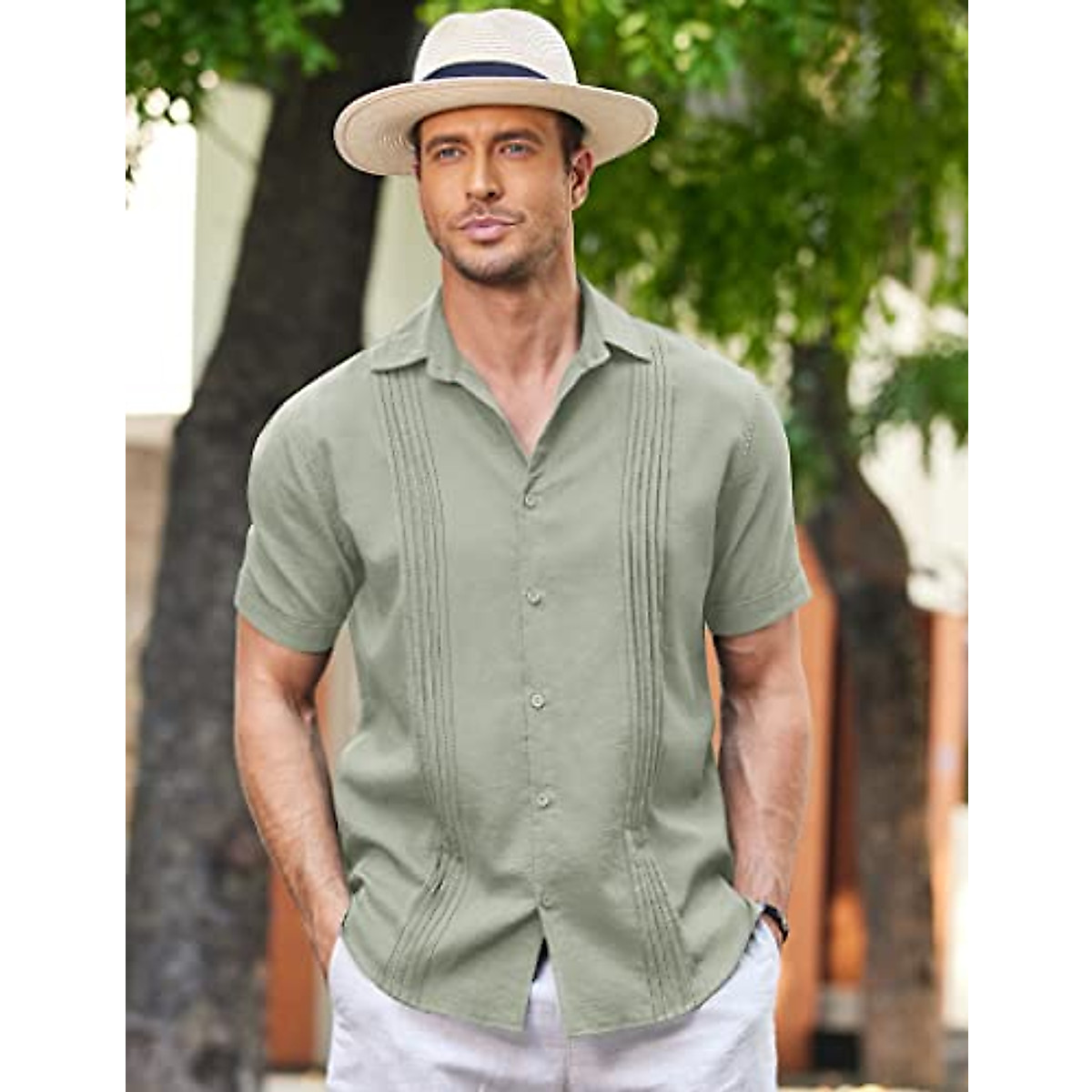 COOFANDY Beach Shirt Linen Guayabera Shirt Mexican Button Up Shirts Beach Casual Light Green