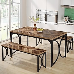 47" Kitchen Dining Table with Bench, Wood Dining Room Table with Benches for 4, Small Dining Table with 2 Benches, 3 Piece Rectangular Dining Table Set for Small Space