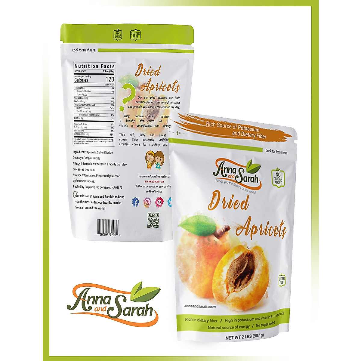 Anna and Sarah Dried Turkish Apricots SIZE #1 Big Size in Resealable Bag, 2 Lbs.