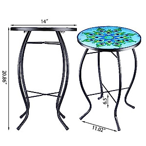 VCUTEKA Patio Side Table Outdoor Coffee Table Mosaic Accent Table Round Small End Table Bistro for Living Room Porch Balcony Backyard Garden Peacock Feather