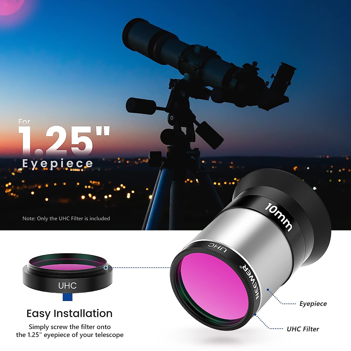 Neewer Telescope Filter 1.25” UHC Filter, Astrophotography Accessory Filter to Improve Image Contrast and Reduce Light Pollution for Astronomical Photography