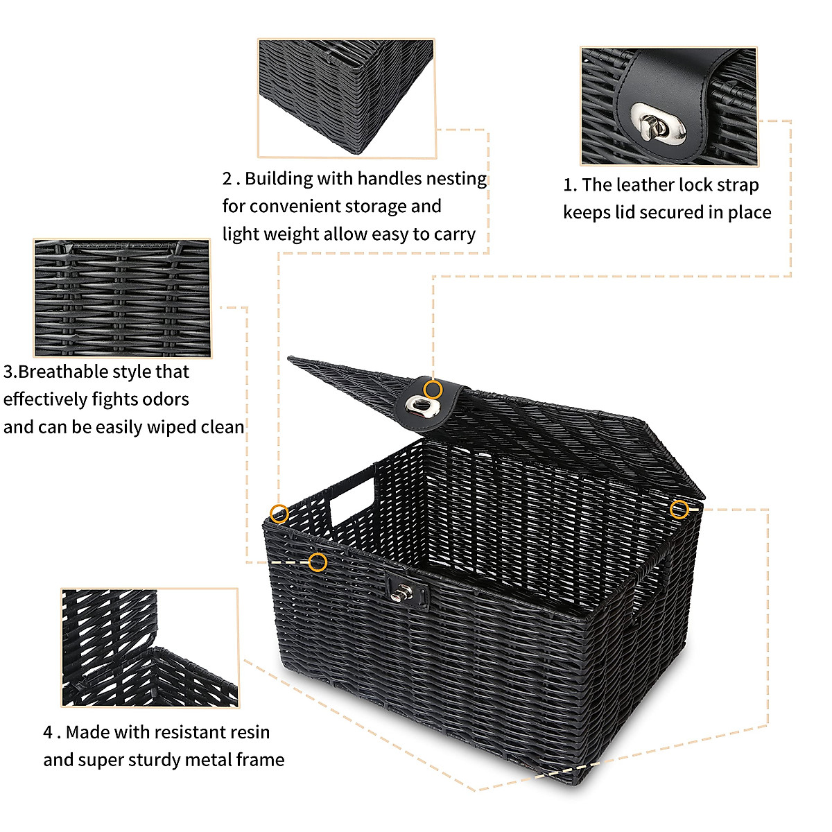 Honygebia Black Wicker Storage Baskets - Set of 3 Decorative Nesting Boxes with Lids, Woven Basket with Lock & Handle, Organizer for Beauty Makeup Bathroom Decor