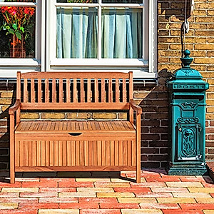 HAPPYGRILL Outdoor Storage Bench Wooden Deck Box with Removable Dustproof Liner, 33 Gal Wood Storage Loveseat Seating Furniture for Courtyard Garden Poolside