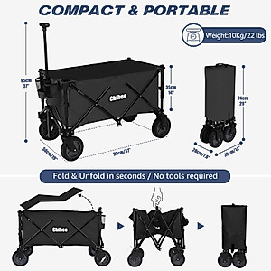 Chihee Folding Wagon Cart Garden Cart Heavy-Duty with 2 Cup Holders,Camp Cart for Gimballed Wheels with Braking System Large Capacity Removable Fabric,for Sporting Events,Camping,Beach Trips