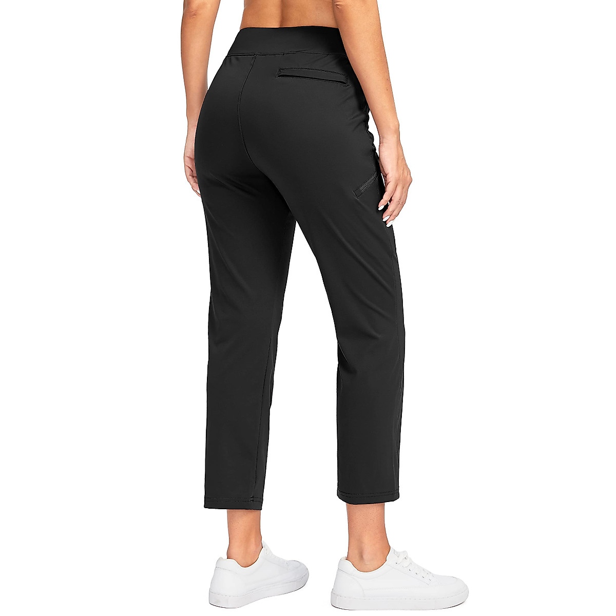 SANTINY Women's Golf Pants with 3 Zipper Pockets 7/8 Stretch High Waisted Ankle Pants for Women Travel Work (Black_M)