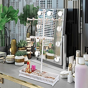 Meangood Jewelry Tree Stand Organizer 3in1 Necklace Organizer Display Bracelet Earrings and Ring Tray Jewelry Holder Hanger Metal（White）