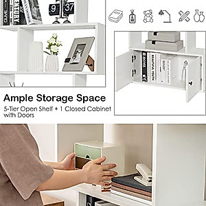 Tangkula S Shaped Bookshelf with Cabinet, 6-Tier Bookcase with Doors, Freestanding Geometric Bookshelves for Living Room, Anti-toppling Device, Home Office Décor Wooden Storage Display Shelf