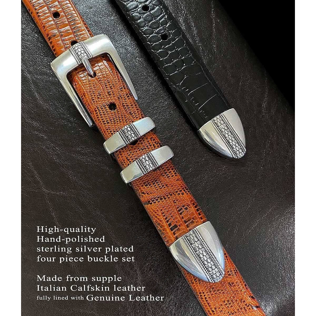 Brandon Italian Calfskin Genuine Leather Designer Golf Dress Belt 1-1/8"(30mm) Wide (Alligator Black, 40)