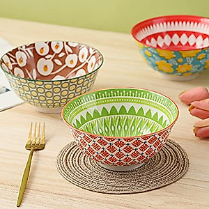 Porcelain Soup Cereal Bowls Set - Ceramic Bowls for Kitchen 23 oz - 6 Colorful Patterned Cute Bowl Sets - 6 Inch Deep Bowls for Oatmeal | Oat | Noodle | Breakfast - Dishwasher and Microwave Safe