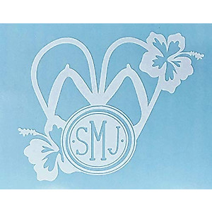 Custom Initial Monogram Decal Bumper Sticker, for Tumblers, Laptops, Car Windows - Sandal Flip Flop & Hibiscus Tropical Flower Design