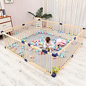 Wooden Baby Playpen Fence Play Pen Play Yard Area Gate with Door for Babies and Toddlers Kids, Portable Wooden Indoor Freestanding, Kids Baby Pet Cats Play Fence Playpen with Door(180x200x61cm)