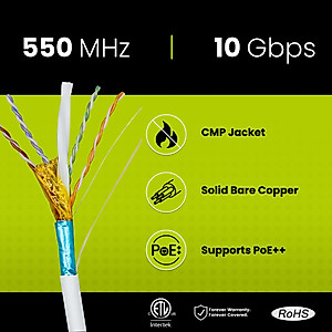 trueCABLE Cat6 Plenum Shielded (CMP), 1000ft, White, 23AWG Solid Bare Copper, 550MHz, PoE++ (4PPoE), ETL Listed, Overall Aluminum Foil Shield (F/UTP), Bulk Ethernet Cable