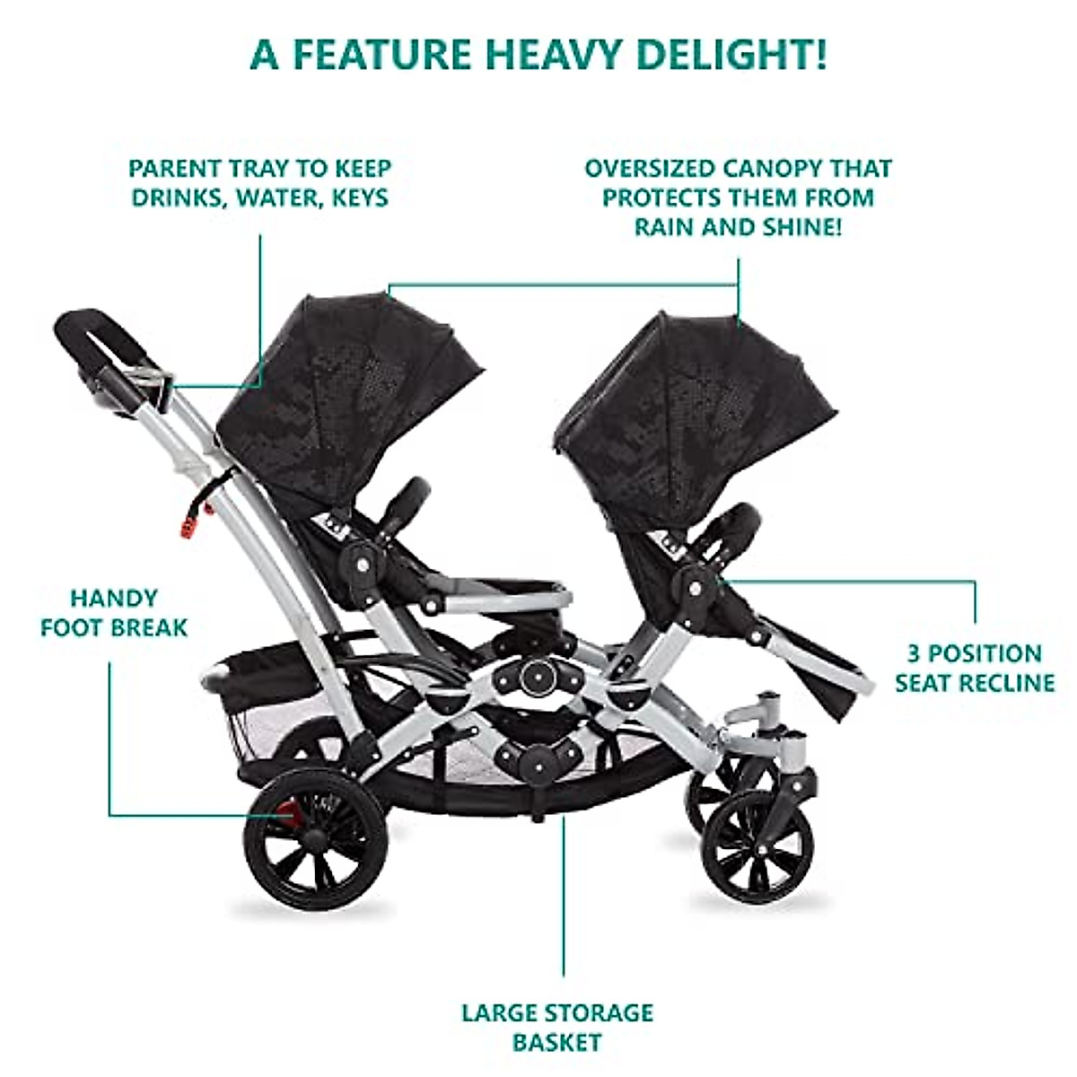 Dream On Me Track Tandem Double Umbrella Stroller in Black, Lightweight Double Stroller for Infant and Toddler, Multi-Position Reversible & Reclining Seats, Large Storage Basket and Canopy