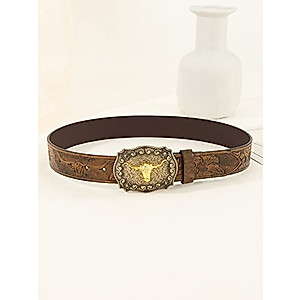 Verdusa Women's Vintage Western Leather Buckle Belt Yellow Brown Cattle 70