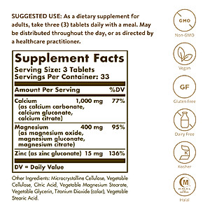 Solgar Calcium Magnesium Plus Zinc, 100 Tablets - Promotes Healthy Bones and Teeth - Supports Nerve & Muscle Function - Non GMO, Vegan, Gluten Free, Dairy Free, Kosher, Halal - 33 Servings