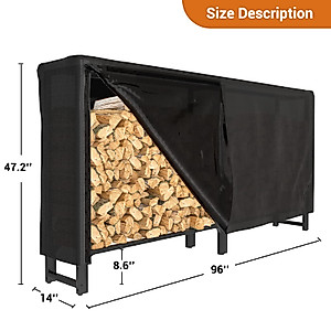 Unikito 8ft Black Anti-Rust Powder Coated Steel Firewood Rack with Waterproof Cover, for Outdoor Fire Pit, Patio, Porch, Backyard Deck