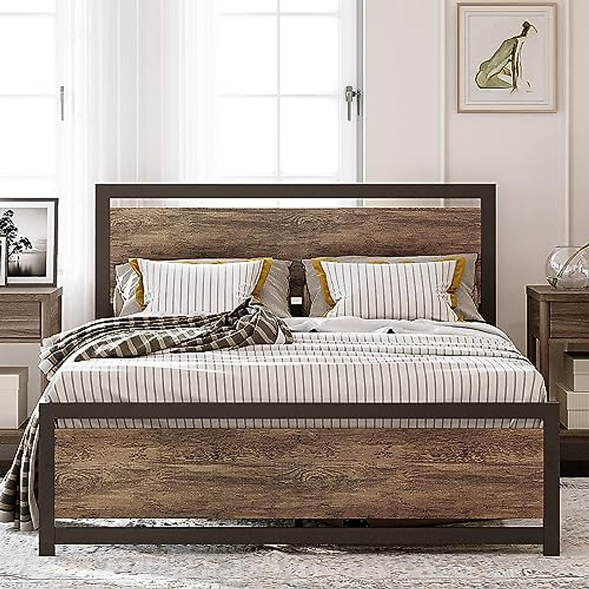 LIKIMIO Queen Bed Frame, Platform Bed with Headboard and Under Bed Storage for Queen Size Mattress, Sturdy and Easy Assembly, No Box Spring Needed, Walnut