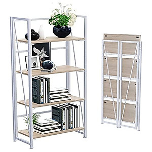 GHQME No-Assembly Folding Bookshelf Storage Shelves 4 Tiers Vintage Multifunctional Plant Flower Stand Storage Rack Shelves Bookcase for Home Office (White)