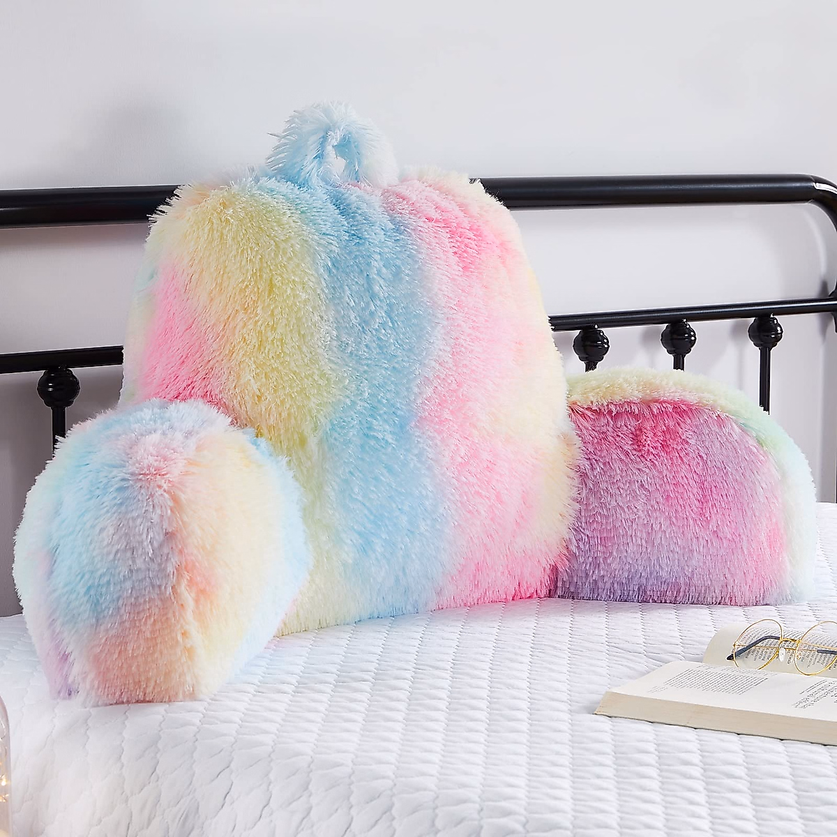 Hobed Life Faux Fur Backrest Pillow for Kids, Teen Reading Pillow with Arms, Fluffy Back Support Pillow for Sitting Up in Bed/Couch, Bed Wedge Pillow for Girls, Reading & Bed Rest Pillows (Pink)