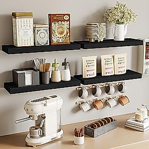 Fixwal 15.8in Floating Shelves, Rustic Wood Finish Wall Shelves Set of 4, Shelves for Wall Decor, with Invisible Brackets for Bathroom, Living Room,Bedroom and Kitchen(Black)