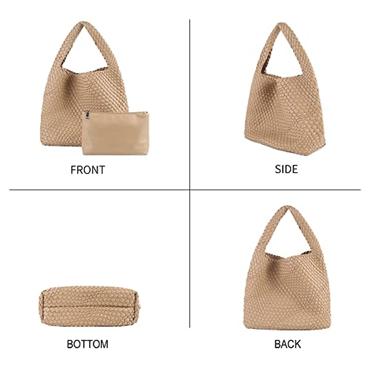 LMKIDS Women Vegan Leather Hand-Woven Tote Handbag Fashion Shoulder Top-handle Bag All-Match Underarm Bag with Purse (Khaki)