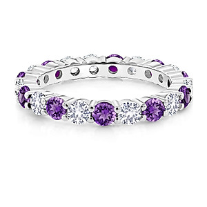 Gem Stone King 925 Sterling Silver 3MM Purple Amethyst and 3MM White Created Sapphire Eternity Band Ring For Women (1.00 Cttw, Round 3MM, Gemstone Birthstone, Available In Size 5, 6, 7, 8, 9)