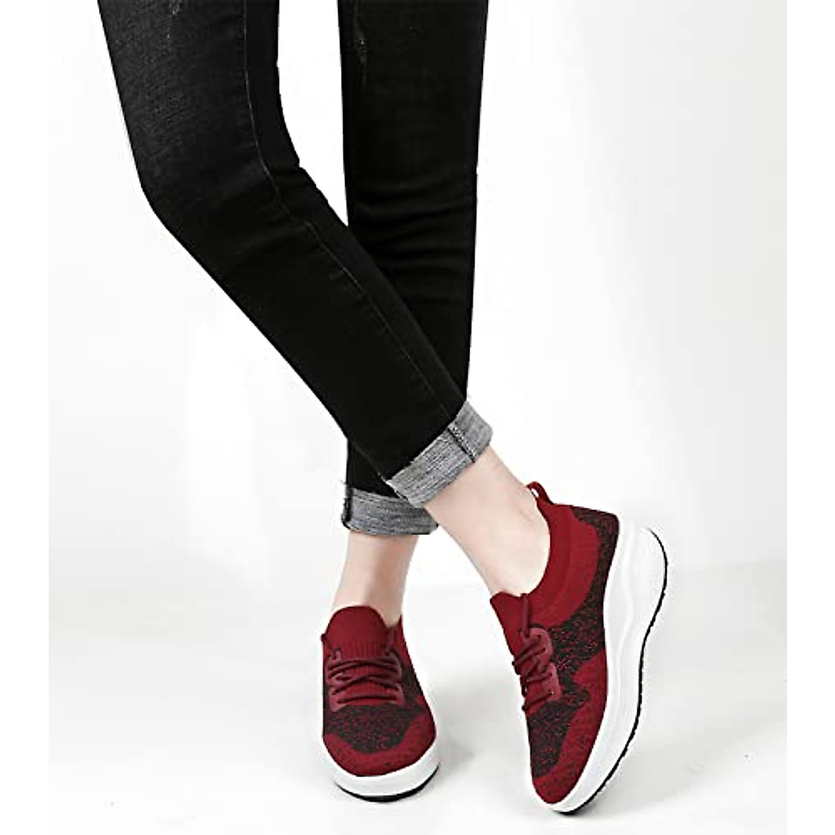 DADAWEN Women's Walking Shoes Sock Sneakers Mesh Slip On Comfort Lightweight Lady Girls Wedge Platform Athletic Shoes Wine Red US Size 9