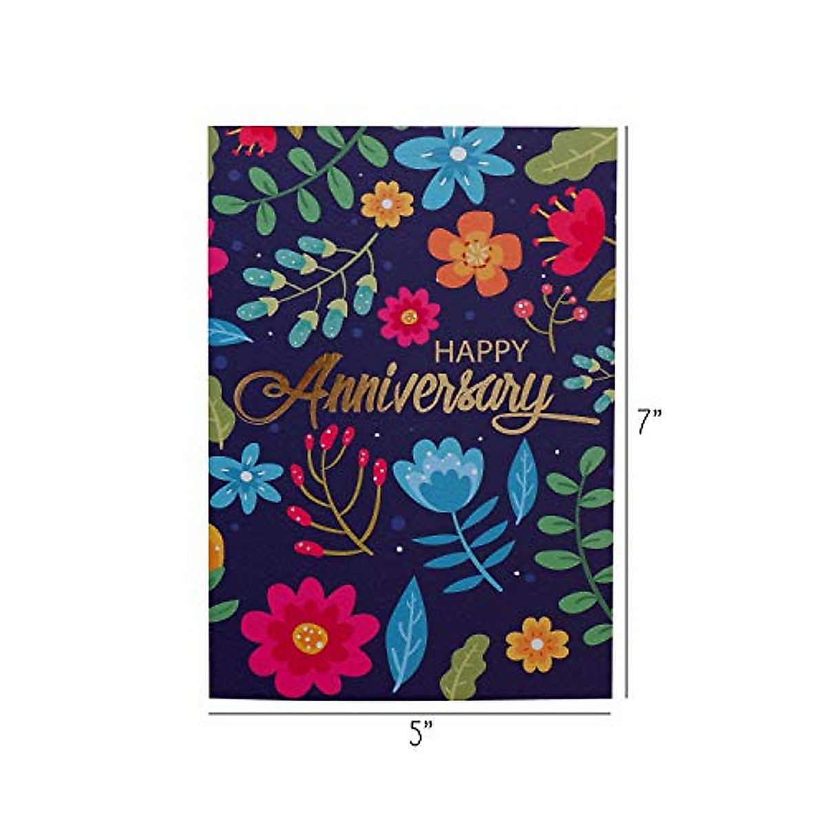 Anniversary Card - Gold Foil Multicolored Floral Dark Blue Textured Greeting Card with Kraft Envelope - 5" x 7" - Happy Anniversary Card For Couple, Valentine, Employee, Him or Husband - Blank Inside