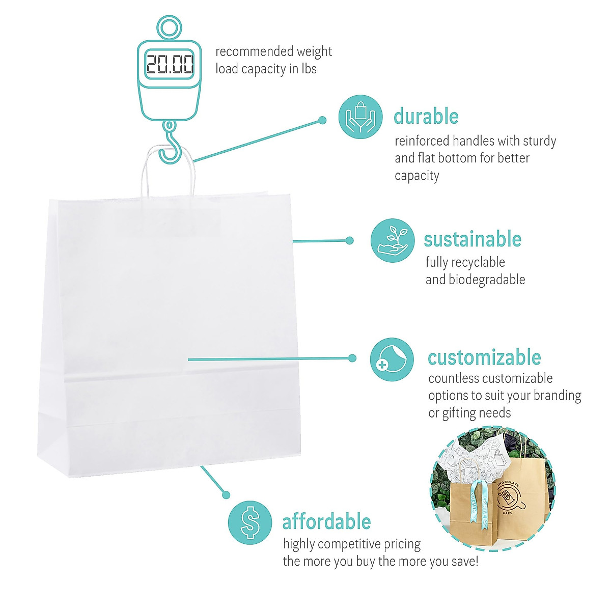 50 Pcs White Paper Bags with Handles, Small Gift Bags in bulk, Kraft Bags, Retail Bags, Merchandise Bags, Shopping Bags, For Weddings, Birthdays, Small Business - 18 x 7 x 19 Inches – Creative Bag