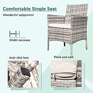 Greesum Patio Furniture 4 Pieces Conversation Sets Outdoor Wickerr Rattan Chairs Garden Backyard Balcony Porch Poolside loveseat with Soft Cushion and Glass Table, Gray and Beige