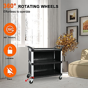 Rolling Utility Cart with Storage Cabinet and Lockable Wheels - Heavy Duty 3-Tier Service Carts for Kitchen, Office, Garage, and Restaurant – Black