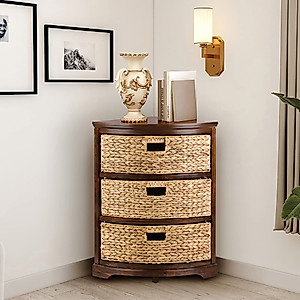Hampton Meadows 3 Tier X-Side Corner Table Storage Cabinet with 3 Wicker Baskets, Walnut