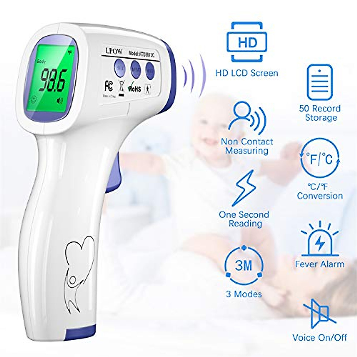LPOW Thermometer for Adults, Non Contact Infrared Digital Thermometer for Fever, Body and Surface Thermometer 2 in 1 Dual Mode White