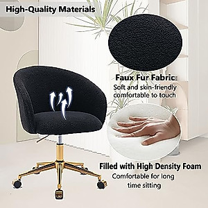 HomVent Modern Faux Fur Home Office Chair, Furry Cute Desk Chair with Gold Metal Leg, Ergonomic Adjustable Swivel Desk Chair with Wheels, Makeup Vanity Chair for Girls Women Study Makeup Bedroom Black