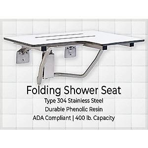 Folding Shower Seat - Wall Mount Bench for Inside Shower / ADA Bathroom Safety Assist / 304 Stainless Steel / Phenolic Resin / Left / 28" x 21"