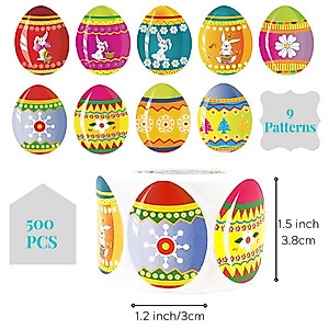 500PCS Easter Eggs for Kids Stickers Roll, 9 Patterns of Self-Adhesive Egg Bunny Stickers for Gift Bags Envelopes Easter Baskets and Holiday Parties