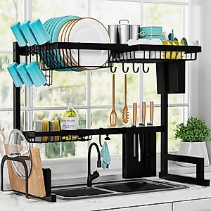 Sakugi Over The Sink Adjustable Dish Drying Rack - w/Large Capacity, Premium Space-Saving Rack for Kitchen Counter, Multifunctional 2-Tier, Stainless Steel