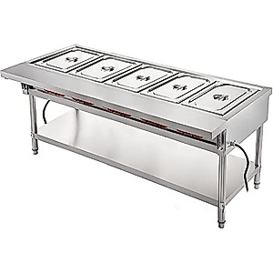 VBENLEM Commercial Electric Food Warmer 5 Pot Steam Table Food Warmer 18 Quart/Pan with Lids with 7 Inch Cutting Board Food Grade Stainless Steel Steam Table Serving Counter 220V 3750W for Restaurant
