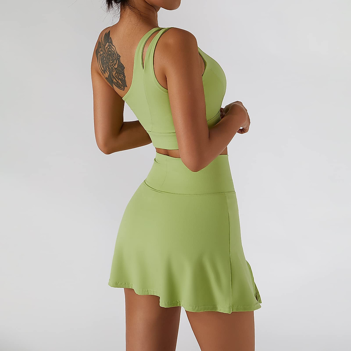 ABOCIW Golf Skirts for Women High Waist Tennis Skirts with One Shoulder Sport Bra Set,Skorts Skirts for Women Cutout Medium Support Yoga Bra 2 Piece Workout Outfits Activewear Green Medium