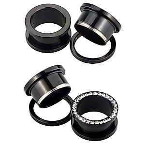 Awinrel 8 Pieces Black Gold Plated Stainless Steel Gem Rhinestones Screw Fit Ear Plug Gauges Flesh Tunnels Eyelet Stretcher Body Piercing Jewelry 10mm