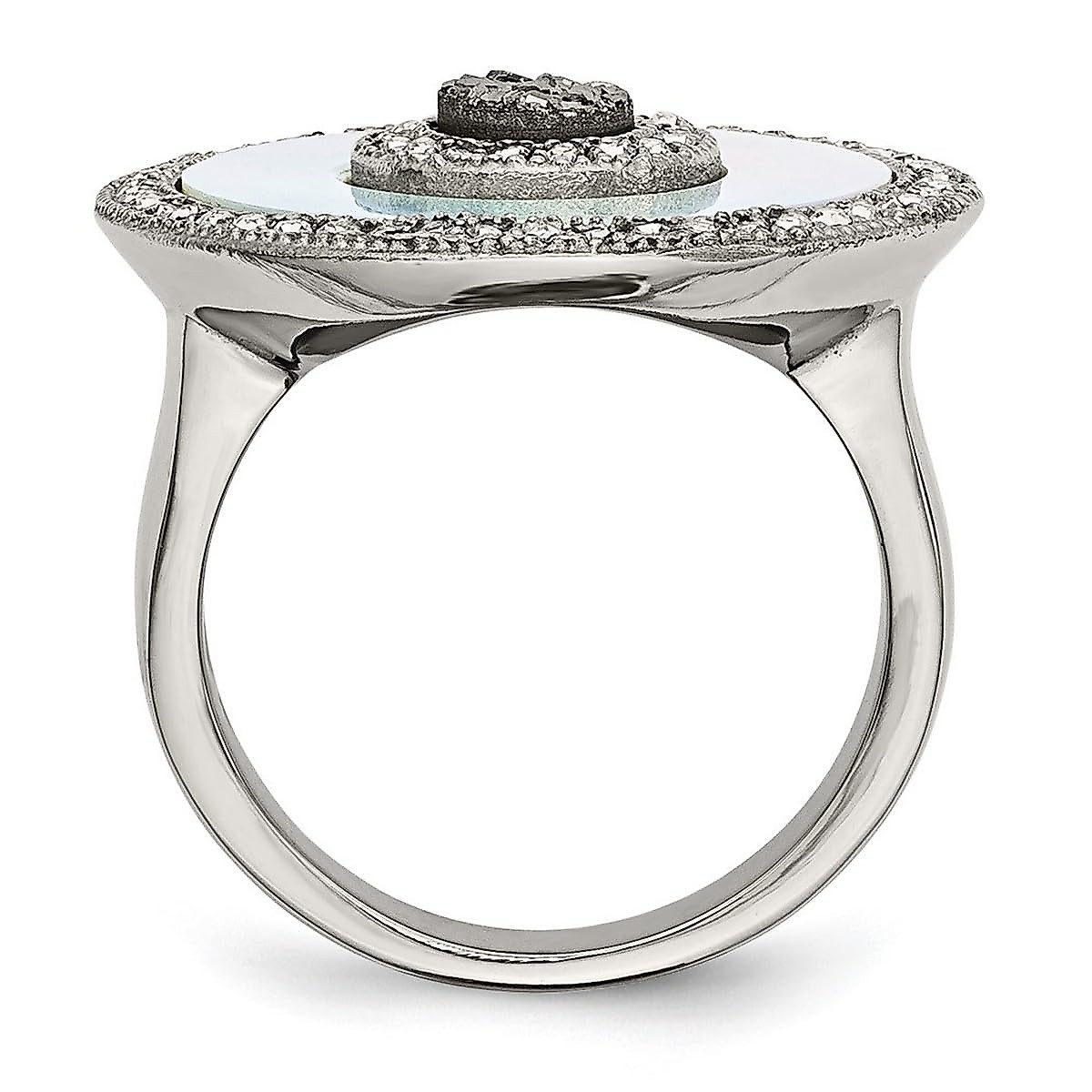 Stainless Steel Polished Simulated Mother of Pearl Druzy Quartz and Crystal Ring Size 9 Jewelry for Women